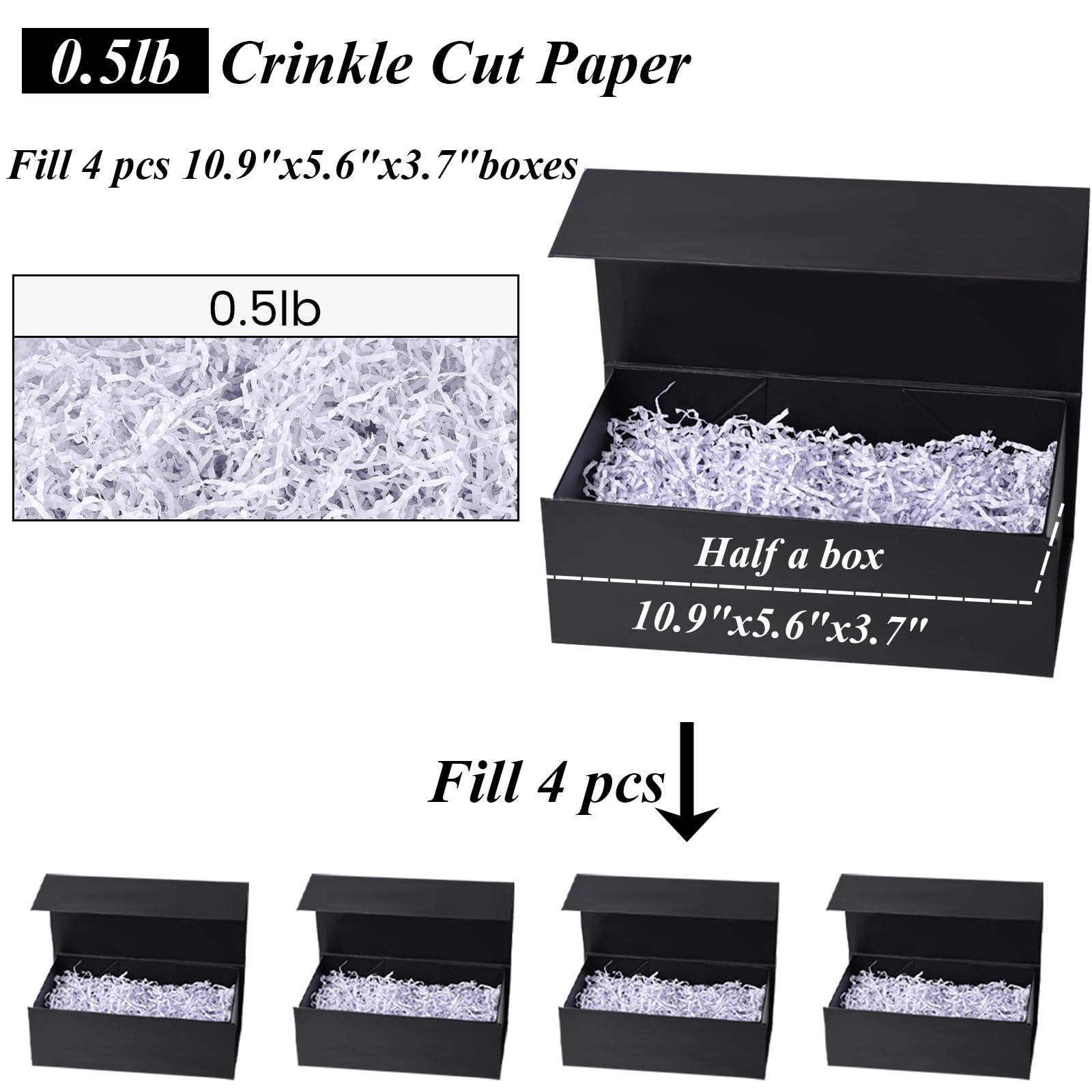 Shindel 0.5LB Black Shredded Paper, Crinkle Cut Paper Confetti Stuffing Basket Filling for Halloween Christmas Graduation Birthday Gift Boxes Packaging