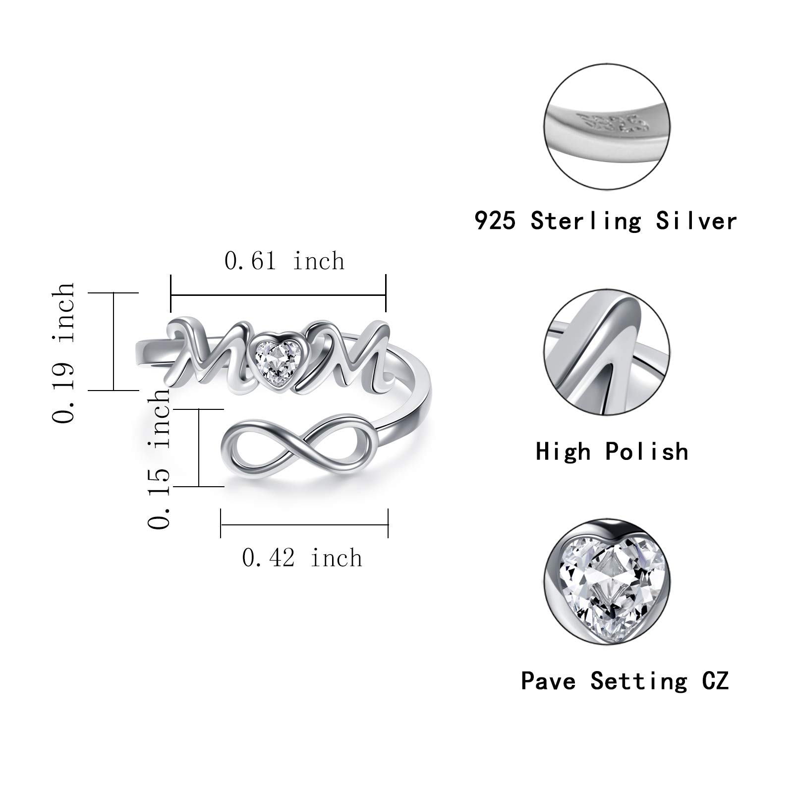 Infinity MOM Ring Sterling Silver for Women Daughter Wife Mother Day S925 Adjustable Ring Mother Birthday Gift