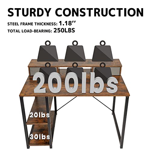 TOPSKY 47βx 31.5β Computer Desk with Drawers, Monitor Stand, Storage Shelf, 3-Port Charging Station (Rustic Brown)