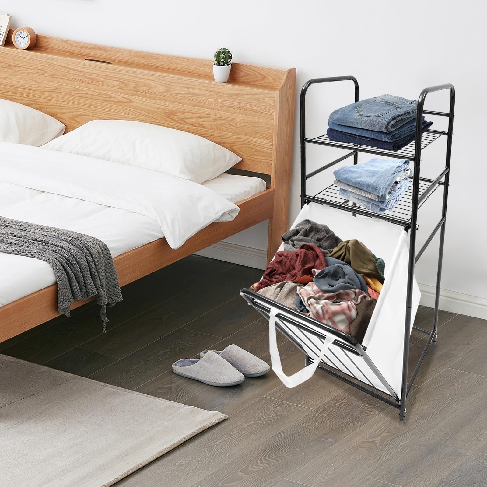 Tilt Out Laundry Basket, Laundry Hamper Cabinet with Removable Liner Bag & Storage Shelf for Bedrooms, Bathrooms, Apartments, 14.56 * 13.77 * 39.37in