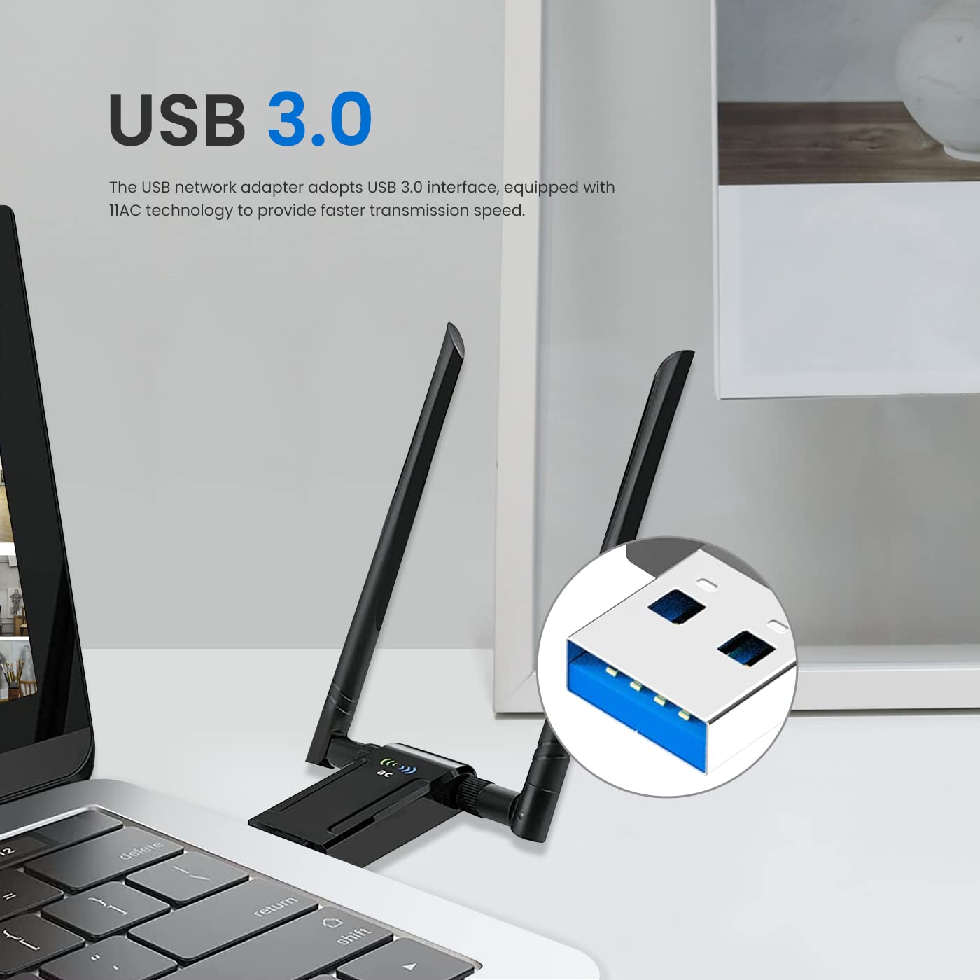 Tongyu USB WiFi Adapter for PC, AC1200Mbps USB 3.0 Dual Band WiFi Adapter for Desktop PC with Dual 5dBi Antennas, Supports Win11/10/8.1/8/7/XP, Mac OS 10.9-10.15