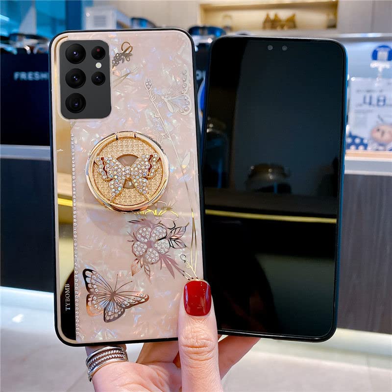 Topwin Kickstand Case, Cute Marble Conch Shell Floral Butterfly with Ring Stand Elegant Shockproof Protective Cover for Girls Women for Samsung Galaxy S22 Plus (Rose Gold)