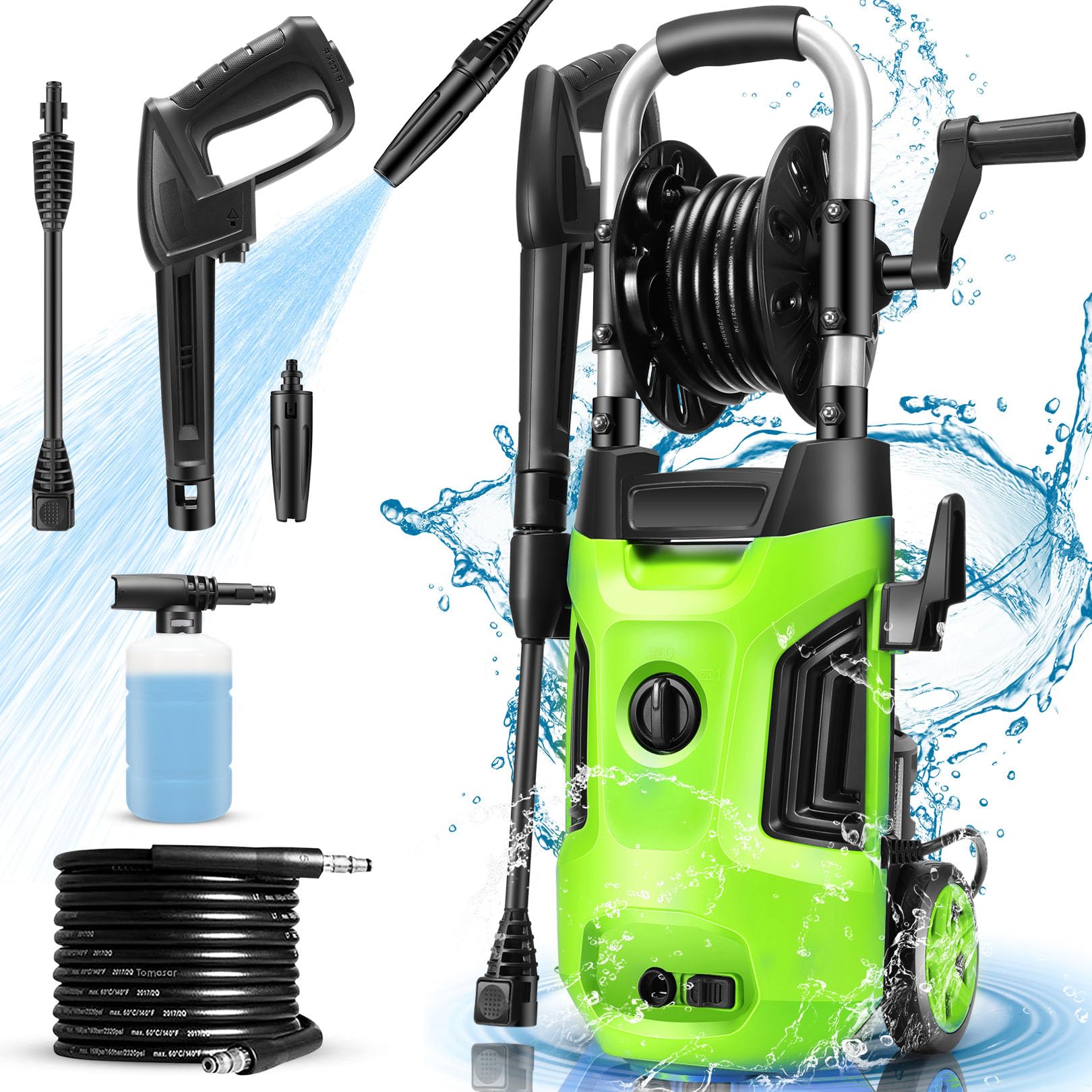 Suyncll Pressure Washer, MAX PSI 2.5GPM Electric Power Washer,1800W High Pressure Washer, Professional Washer Cleaner, with All-in-one Adjustable Nozzle and Hose, Best for Cleaning Cars (Green&Black)