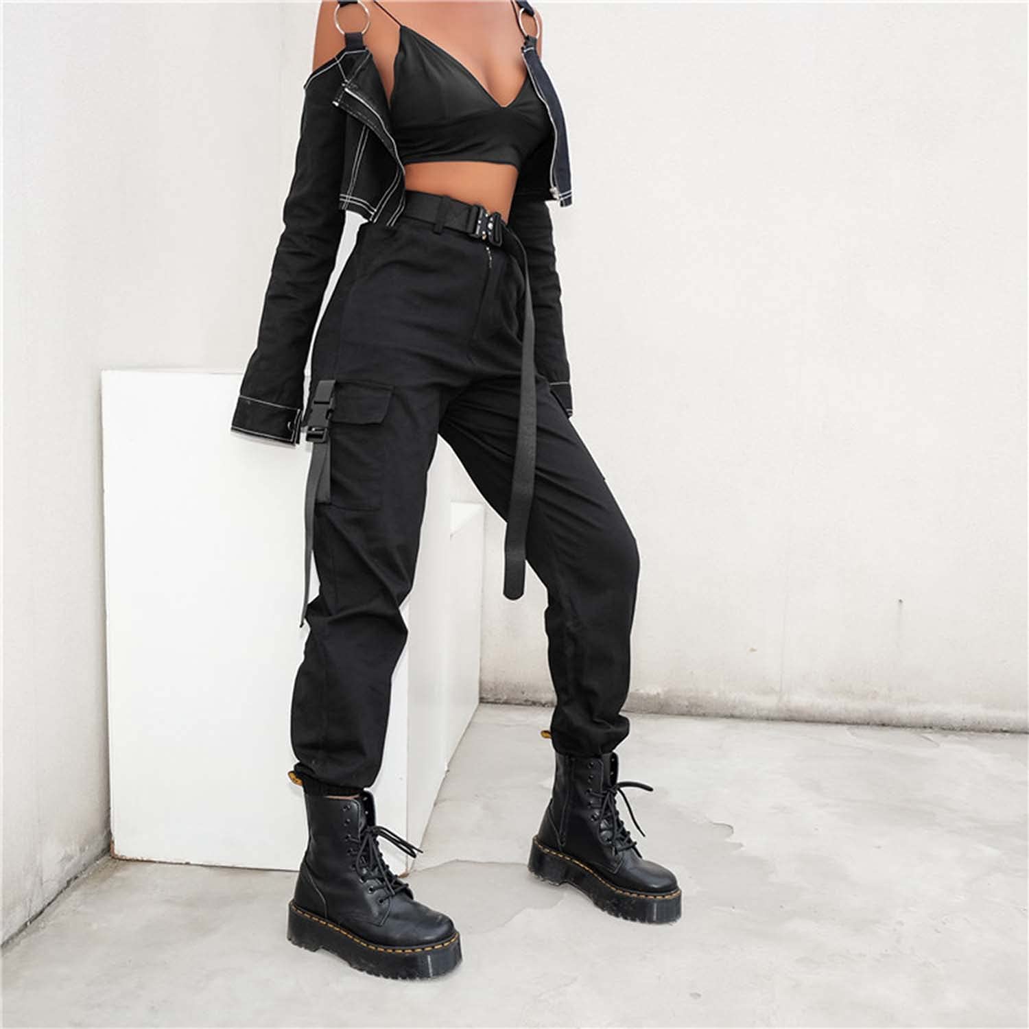 JEAAMKSSER Womens High Waisted Black Cargo Pants with Pockets Baggy Solid Y2k Streetwear Pants # Black M