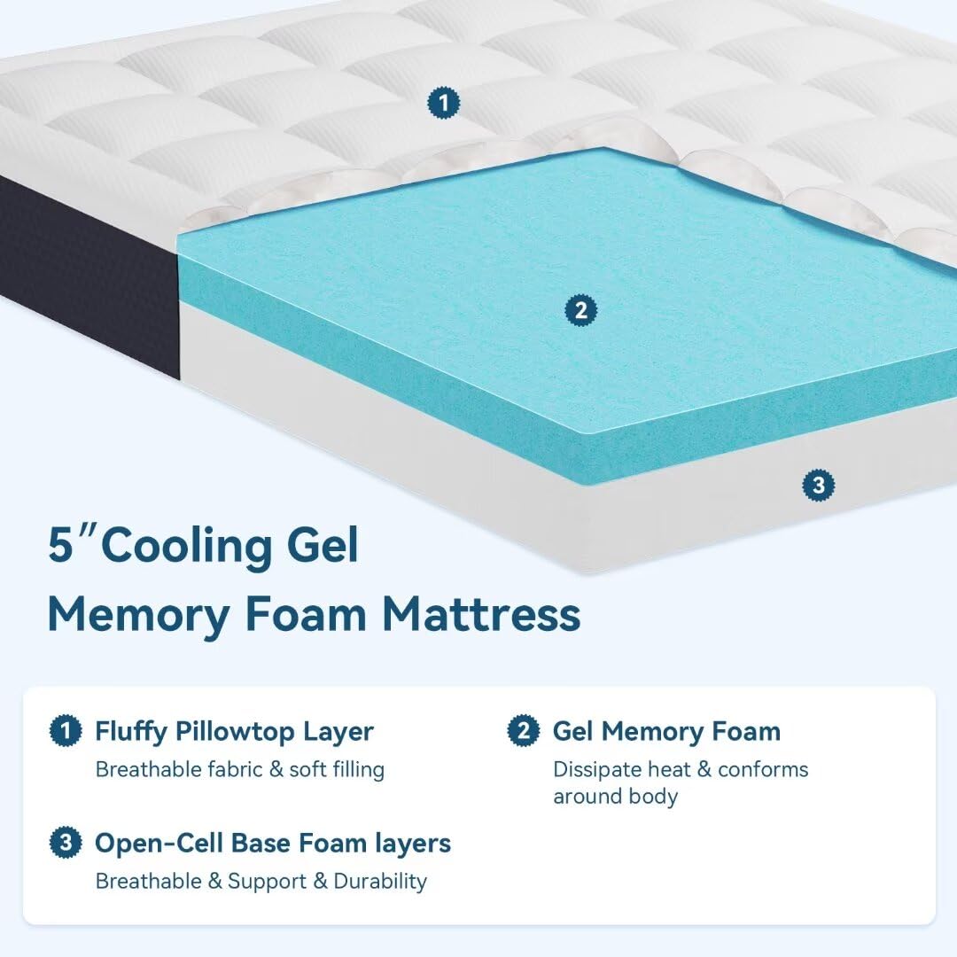 Topllen Full Size Mattress in a Box, Cooling Gel Memory Foam Mattress for Pressure Relief,Fiberglass-Free,CertiPUR-US® Certified,5inch