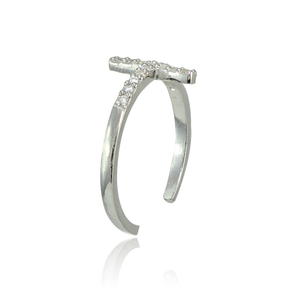 Hoops & Loops 925 Sterling Silver Cubic Zirconia Sideways Cross Open Toe Ring for Women Teen Girls Men, Silver