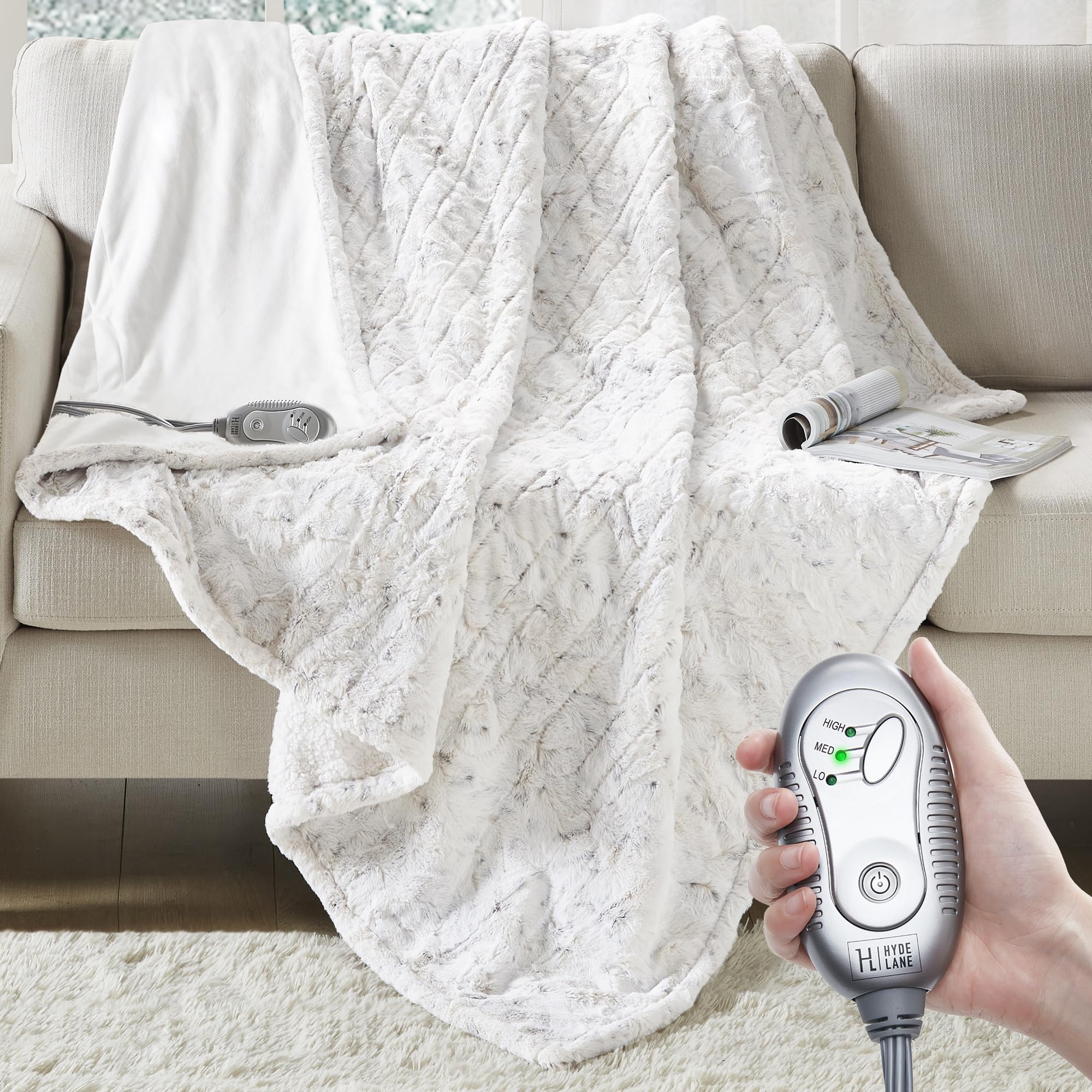 Hyde Lane Luxury Faux Fur Heated Throw Blanket | 50x60 Fuzzy Heating Blanket | Soft Snow Leopard Mink Reverse Electric Throw | 3 Heat Settings | Auto-Shutoff | Machine Washable