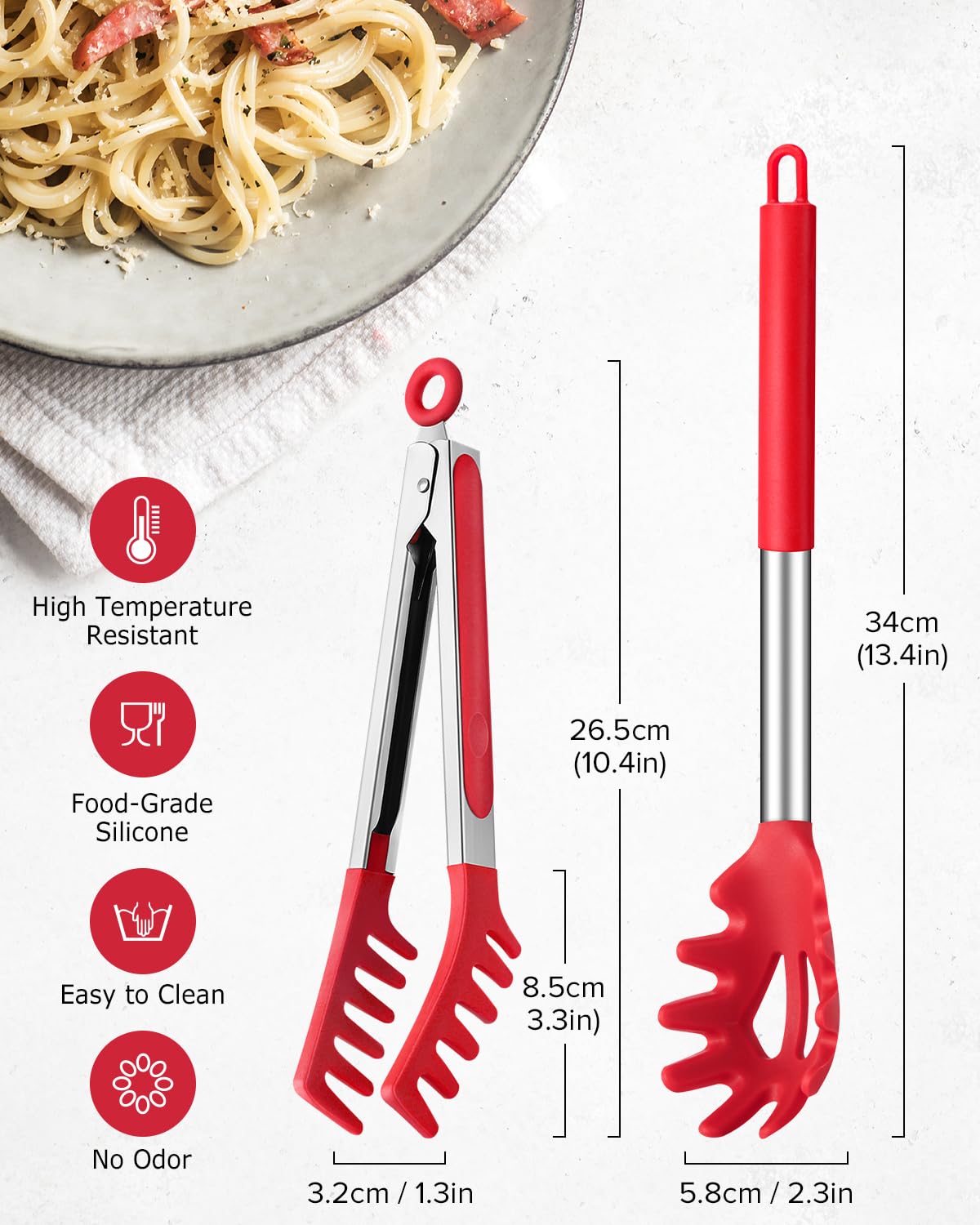 Spaghetti Spoon and Pasta Tong, Non-stick Silicone Spoon Server Fork with teeth and Stainless Steel Handle Spaghetti Tong, Food Clip for Spaghetti Noodle, Red