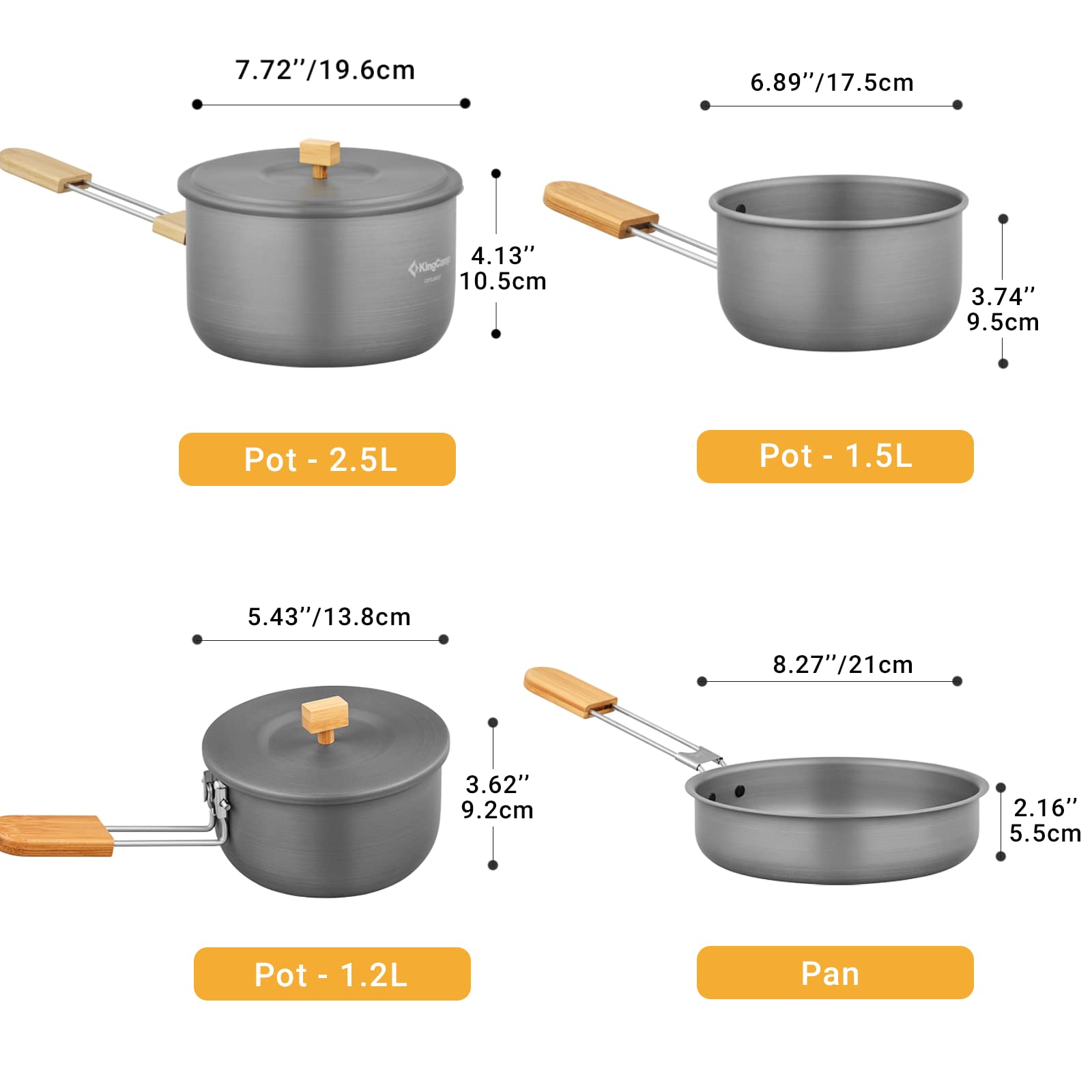 KingCamp 7pcs Camping Cookware Mess Kit Aluminum Folding Camping Pots and Pans Set with Bamboo Handle Lightweight Backpacking Cooking Set Outdoor Cook Gear for Family Hiking Picnic