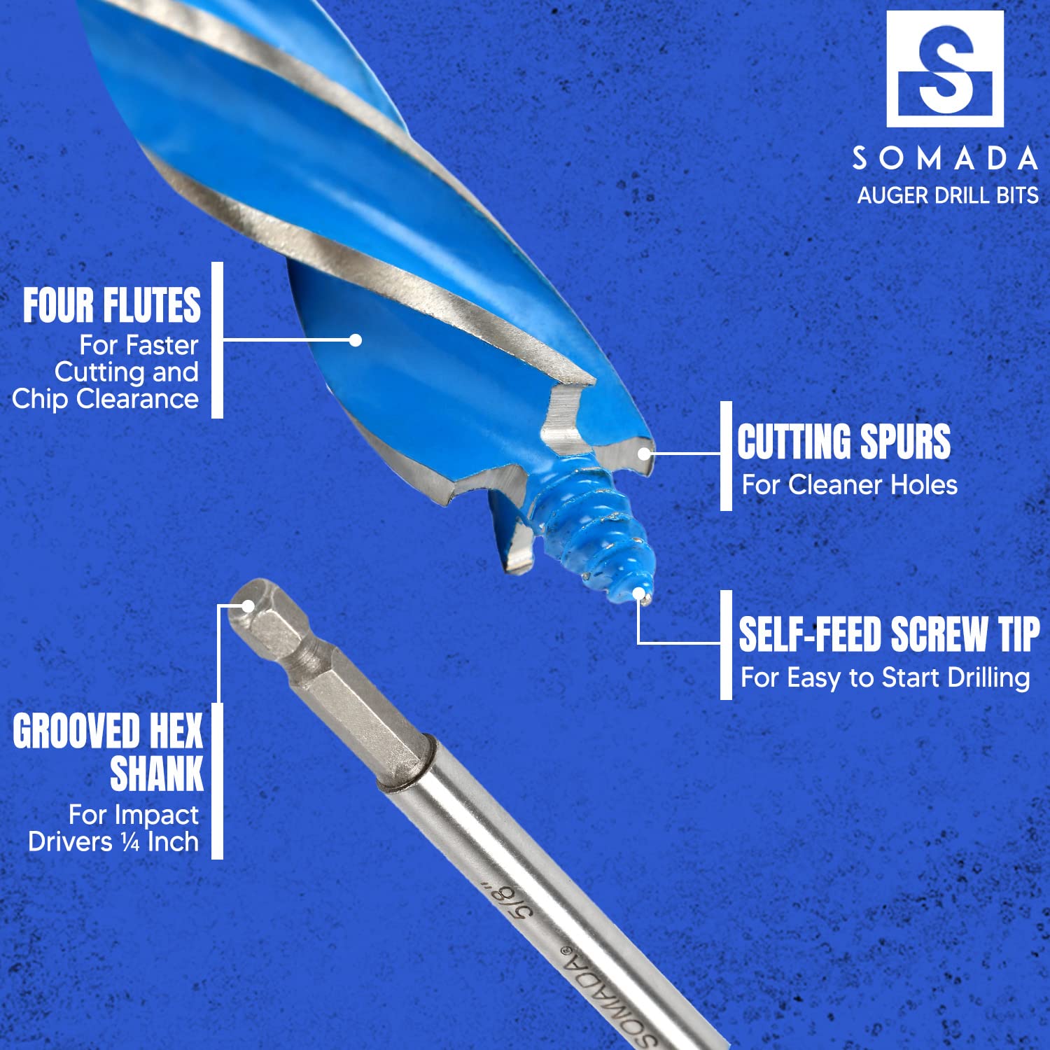 SOMADA Auger Drill Bit Set for Wood, 4-Piece, 1/2", 5/8", 3/4" and 1" Inch Size, 6-Inch Long Impact Wood Auger Set with Quick Change hex Shank
