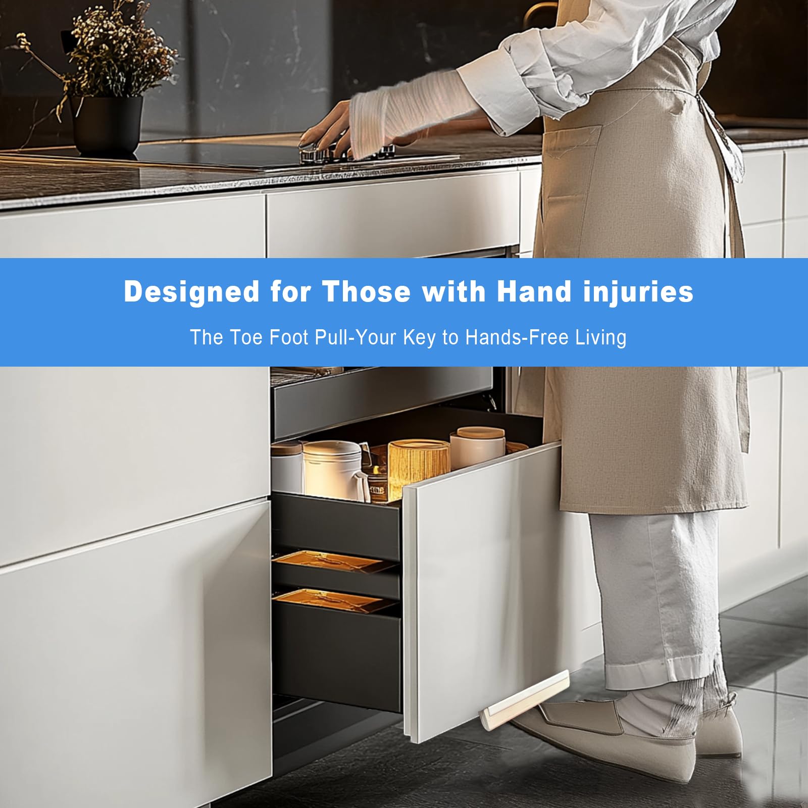 WALSIO Foot Pull for Trash Cabinet Drawer, 0.64 Iches Wide, Hands-Free Design for Kitchen Garbage Cabinet, Touchless Opener for Full Overlay Cabinet Door