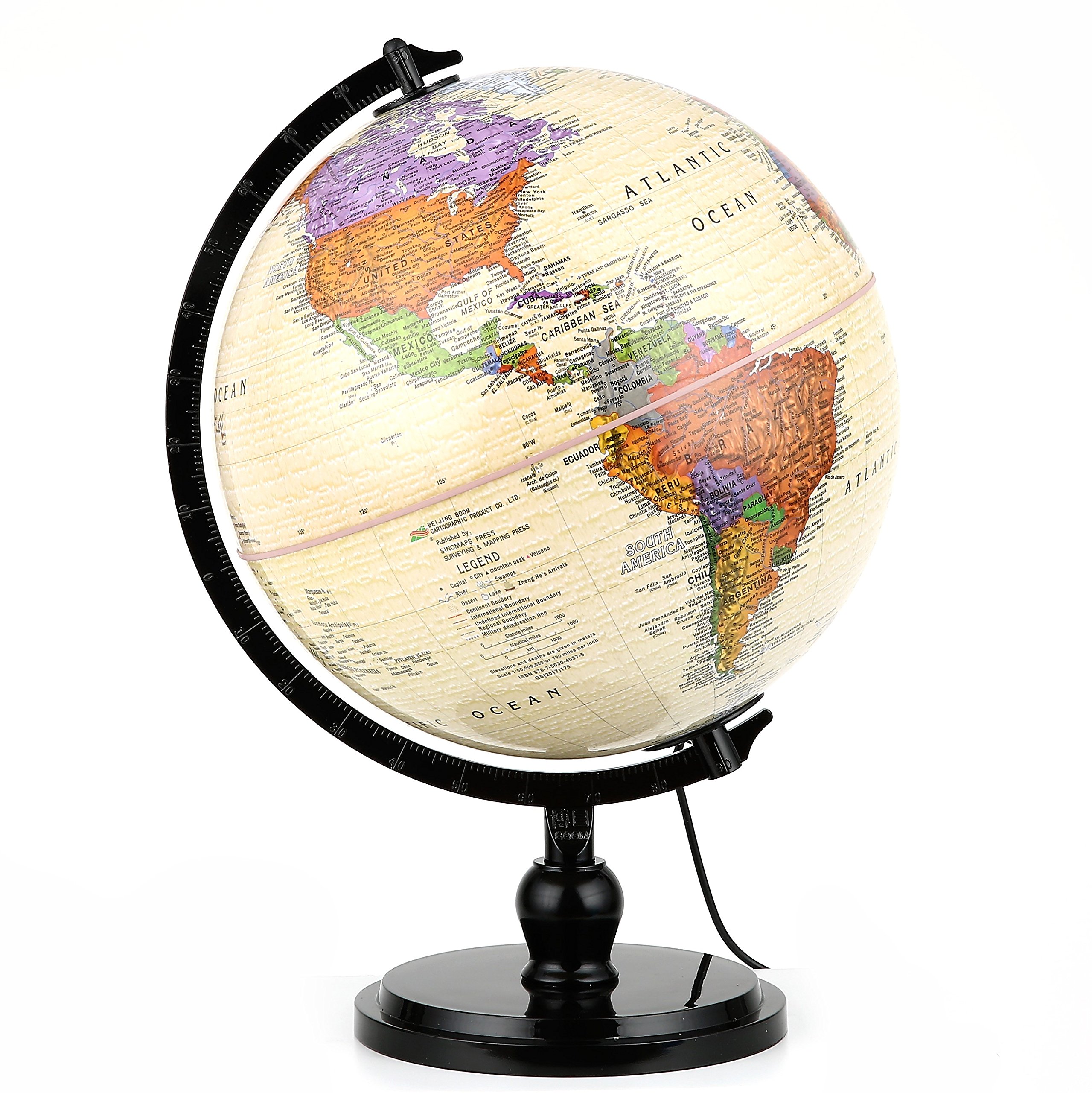 Illuminated Antique World Globe (10”/25 cm Diameter) – Premium Antique Desktop World Globe, Perfect for Home & Office Décor, Over 4,000 Place Names, Energy-Saving LED, Weighted Base