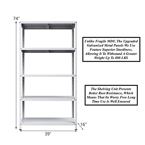 White 5-Tier Metal Shelving Unit Heavy Duty Garage Warehouse Storage Rack Workbench Strong Galvanized Metal Plates Adjustable Shelves Adjustable Layout Can Be Split Into 2 Small Utility Storage Racks