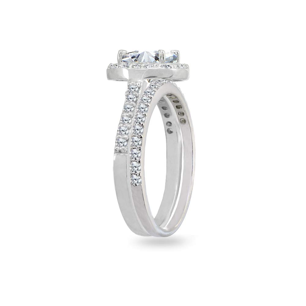 Hoops & Loops Sterling Silver Cubic Zirconia Princess-cut Halo Bridal Wedding Band Engagement Ring Set, Size 9