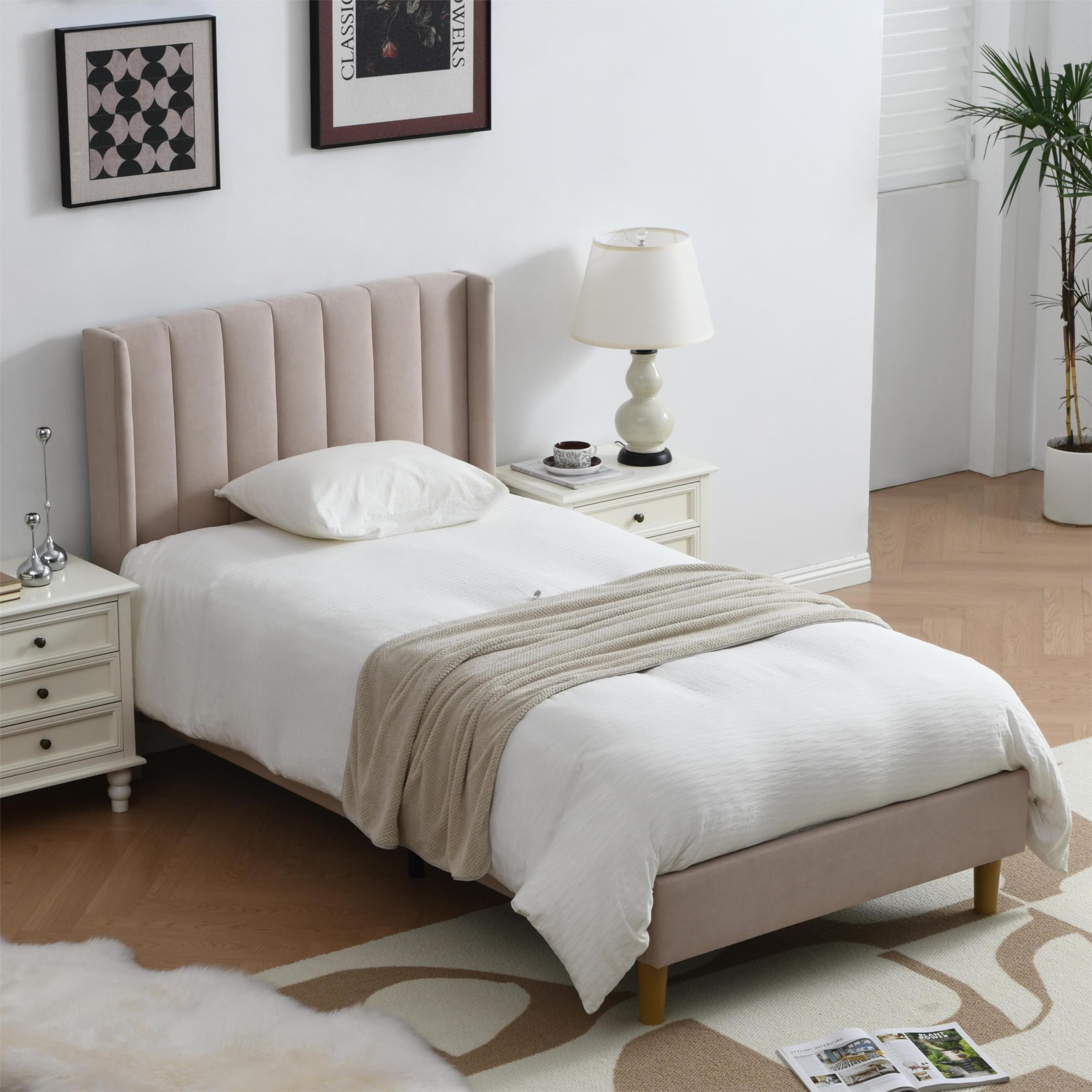 YUHUASHI Twin Size Bed Frame, Upholstered Bed Frame with Modern Geometric Wingback Headboard, Velour Fabric, Platform Bed Frame with Wooden Slats, Easy to Assemble and Noiseless (White, Twin)