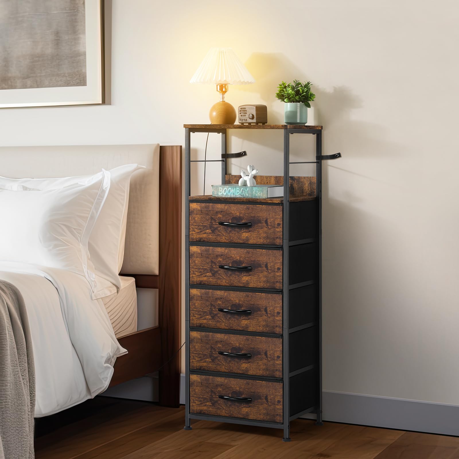YBING Tall Nightstand 5 Drawer Dresser for Bedroom Vertical End Table Chest for Nightstand, Open Shelf, Steel Frame, Bedside Table Black