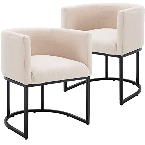 Wahson Set of 2 Linen Upholstered Dining Chair, Mid Century Modern Fabric Bucket Dining Chair with Black Metal Legs, Cream