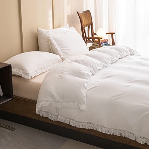 White Bedding Queen Boho Duvet Cover Set Shabby Chic Home Decor Tufted Tassel Beding Bohemian Farmhouse Bedding Set 1 Duvet Cover 2 Pillowcases (White, Queen)