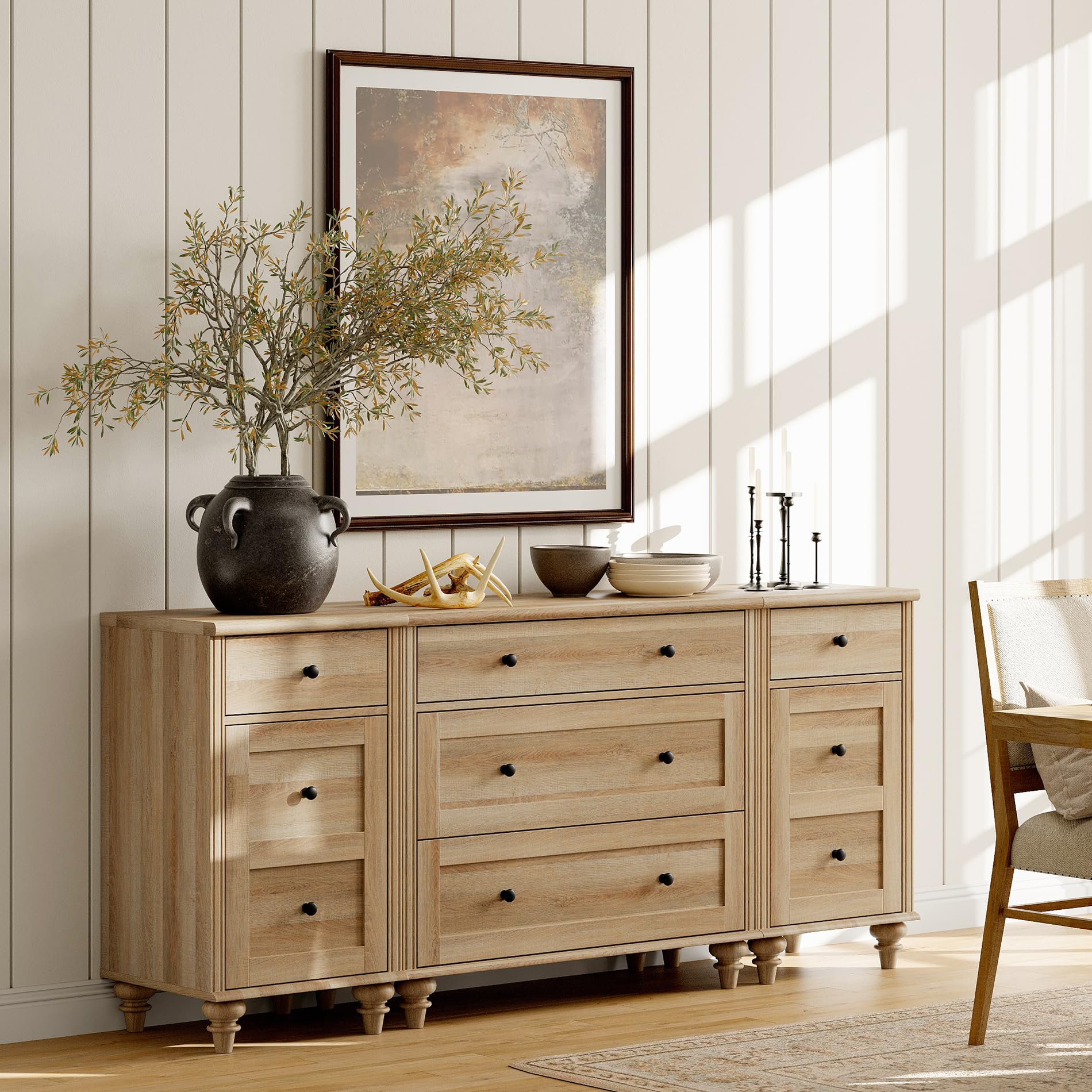 WAMPAT Dresser for Bedroom with 5 Drawers and 2 Storage Cabinet, End Table with Charging Station for Living Room, Mid Century Modern Kids Dressers with Wide Chest of Drawers for Nursery, Oak