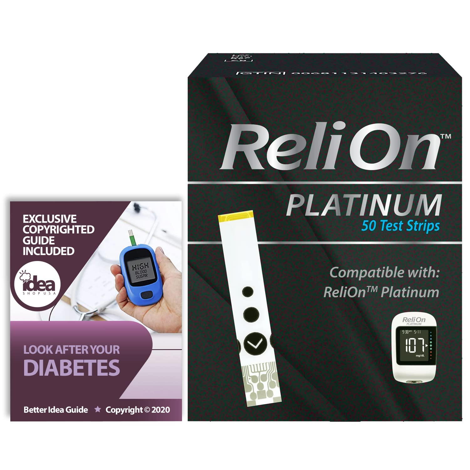 ReliOn Platinum Blood Glucose Test Strips, 50 Ct Bundle with Exclusive Look After Your Diabetes - Better Idea Guide (2 Items)