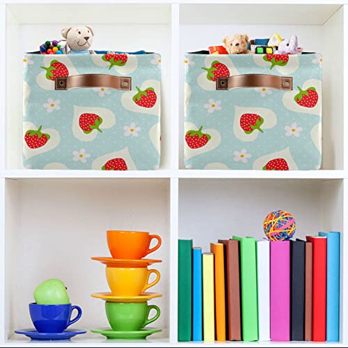 xigua Strawberry Pattern Storage Bins Foldable Fabric Storage Basket with Leather Handles for Organizing Closet, Shelves, Nursery Toy, Laundry Room (1 Pcs, 14.2" x 10.2" x 8.3")