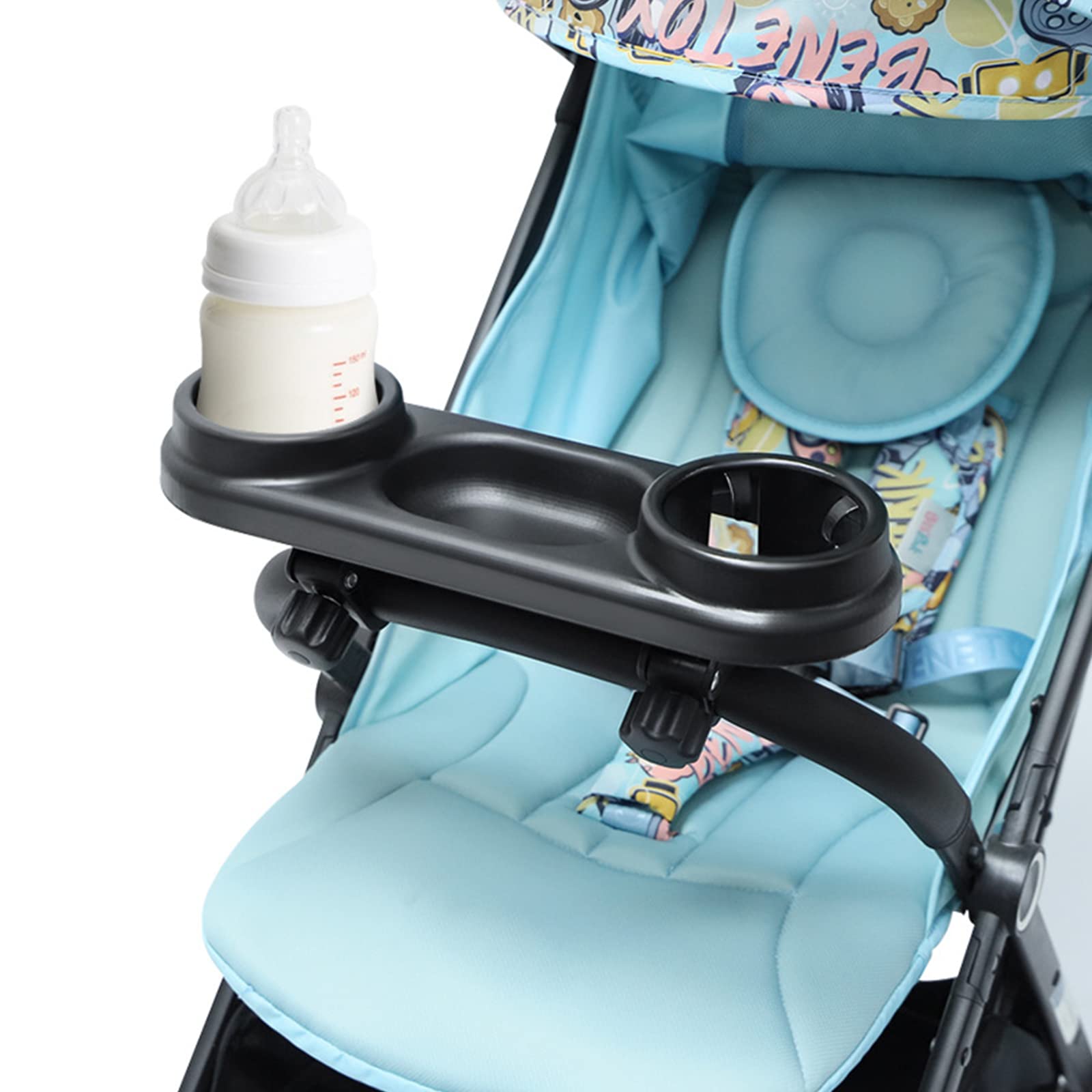 Stroller Snack Tray with 2 Stroller Cup Holder Positions, Stroller Child Snack Tray Universal Fits Most Types of Strollers with Armrests, Universal Stroller Snack Tray Attachment for Travel(Black)