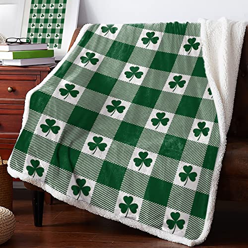 Sherpa Throw Blanket St. Patrick's Day Irish Green Shamrock Clover Super Soft Cozy Warm Luxury Microfiber Blankets Flannel Fleece Plush Quilt Bedspread for Bed Couch Sofa Buffalo Lattice