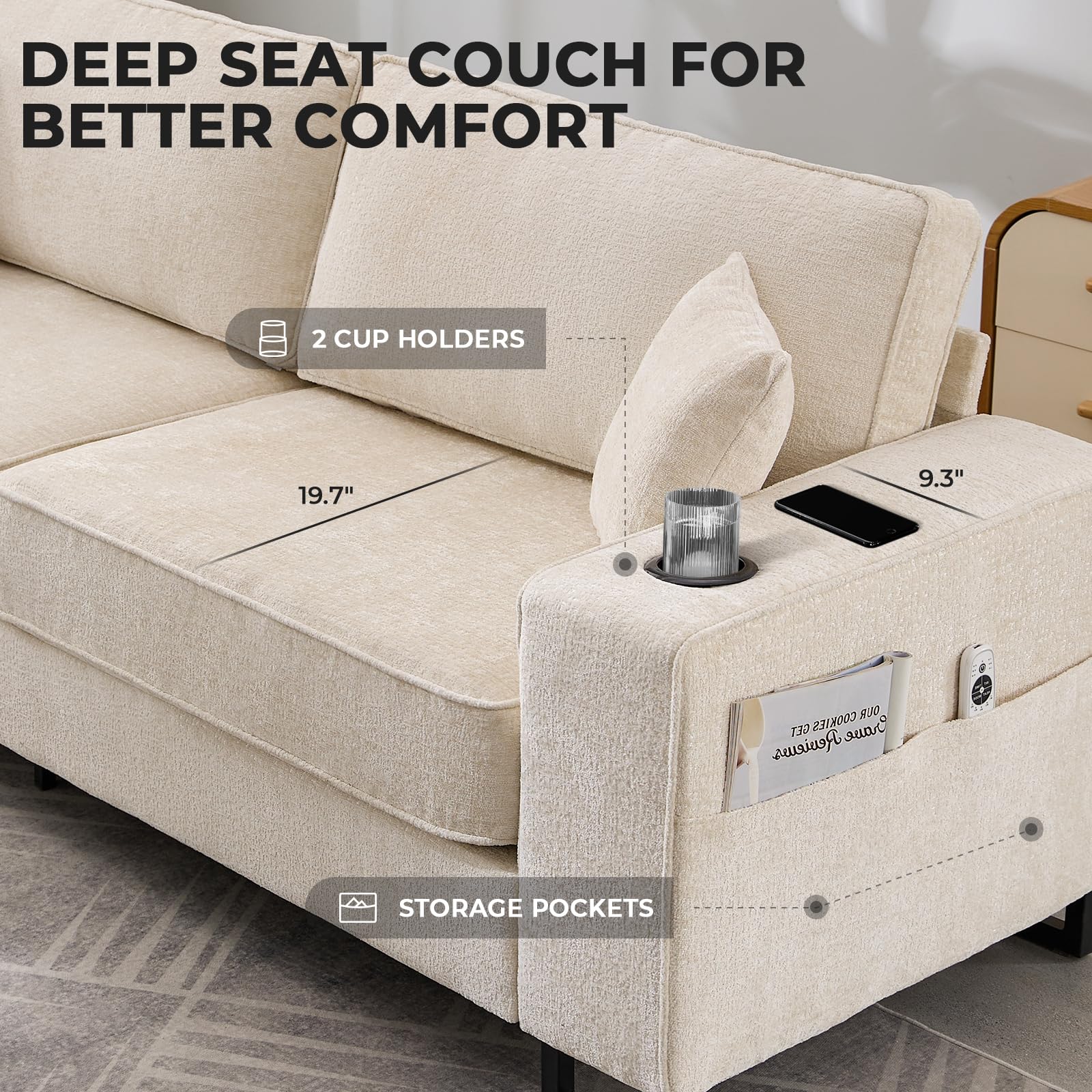 WOTSTA 91.3" Chenille Loveseat Sofa, Deep Seat Couch with Side Pockets & Cup Holders, Modern Sofa Couch with Square Armrest, Comfy Lounge Sofa for Living Room, Bedroom, Small Spaces (Beige)