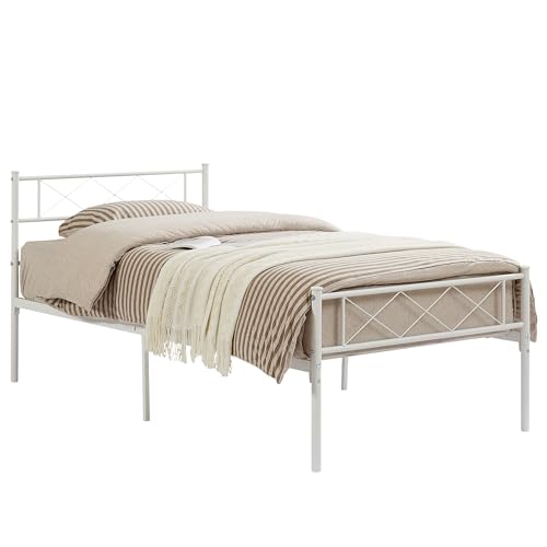 VECELO Twin Size Platform Bed Frame with Headboard and Footboard, Heavy-Duty Mattress Foundation with Steel Slats Support, No Box Spring Needed/Easy Assembly, Pure White