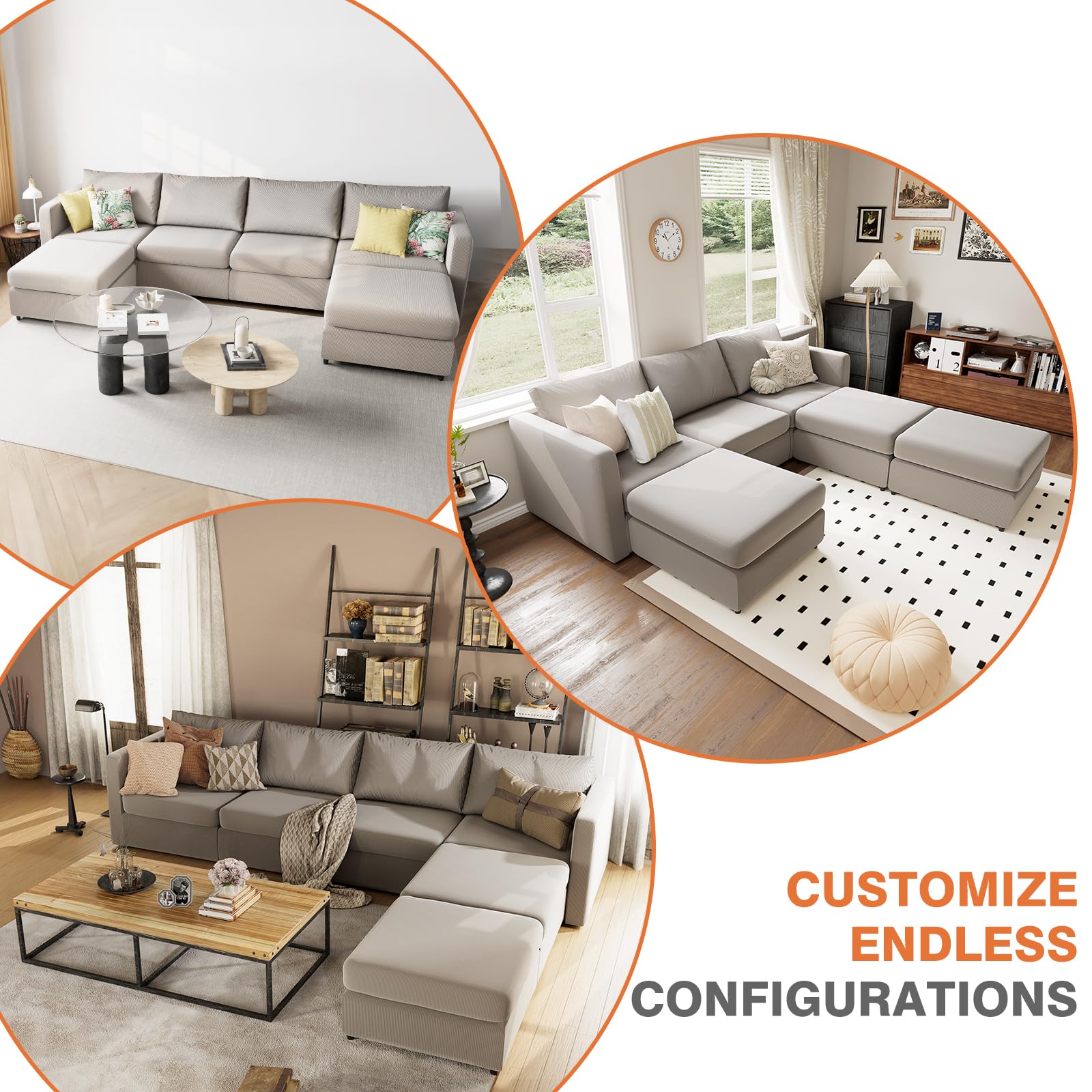 Sweetcrispy Convertible Modular Sectional Sofa, 8 Seat Sectional Couches for Living Room, U-Shaped Modern Fabric Modular Sofa Sleeper with Double Chaise for Home, Apartment, Grey
