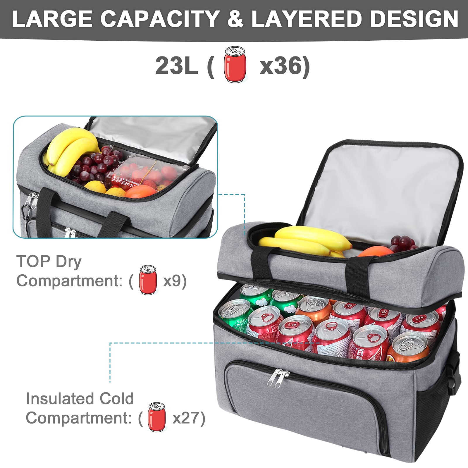 Insulated Large Cooler Bag SEEHONOR Collapsible 36-Can Coolers, Portable Dual Compartment Leakproof Soft Cooler Bag for Camping, Picnic, Beach and Hiking