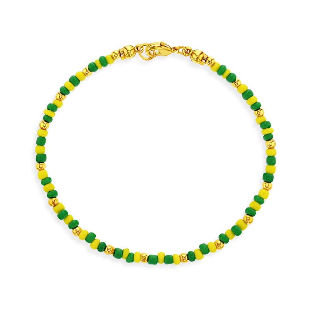 In Season Jewelry Gold Plated Green and Yellow Beaded Babalawo Unisex Orula Bracelet 7" Stylish Protection Beaded Orula Bracelet for Teens and Adult Men & Women