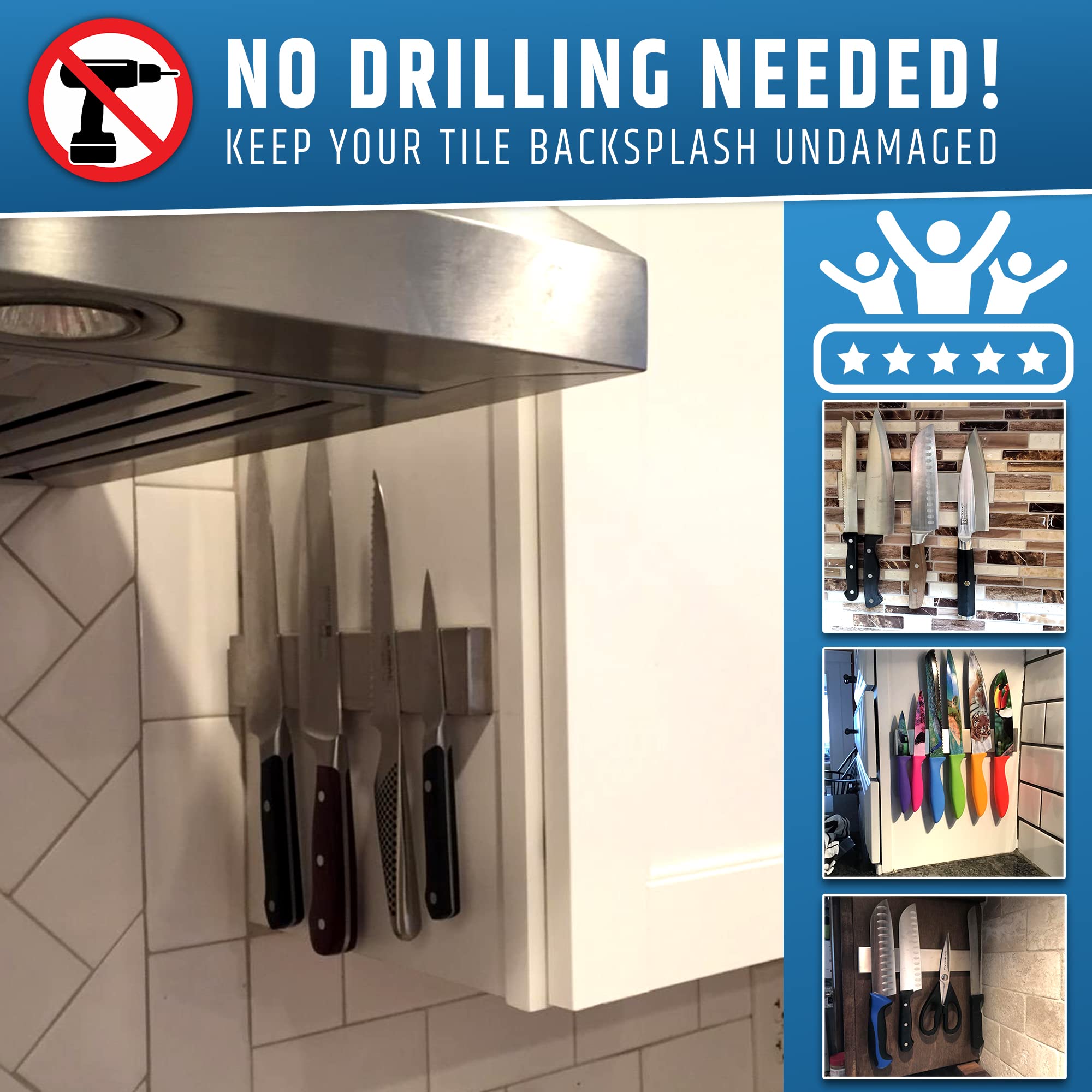 Strong Adhesive (No Drill) Magnetic Knife Holder for Wall - Professional 10 Inch Knife Strip - No Screws Needed - Adhesive Backing - Stainless Steel Knife Bar (Upgraded Version β Will Not Fall)