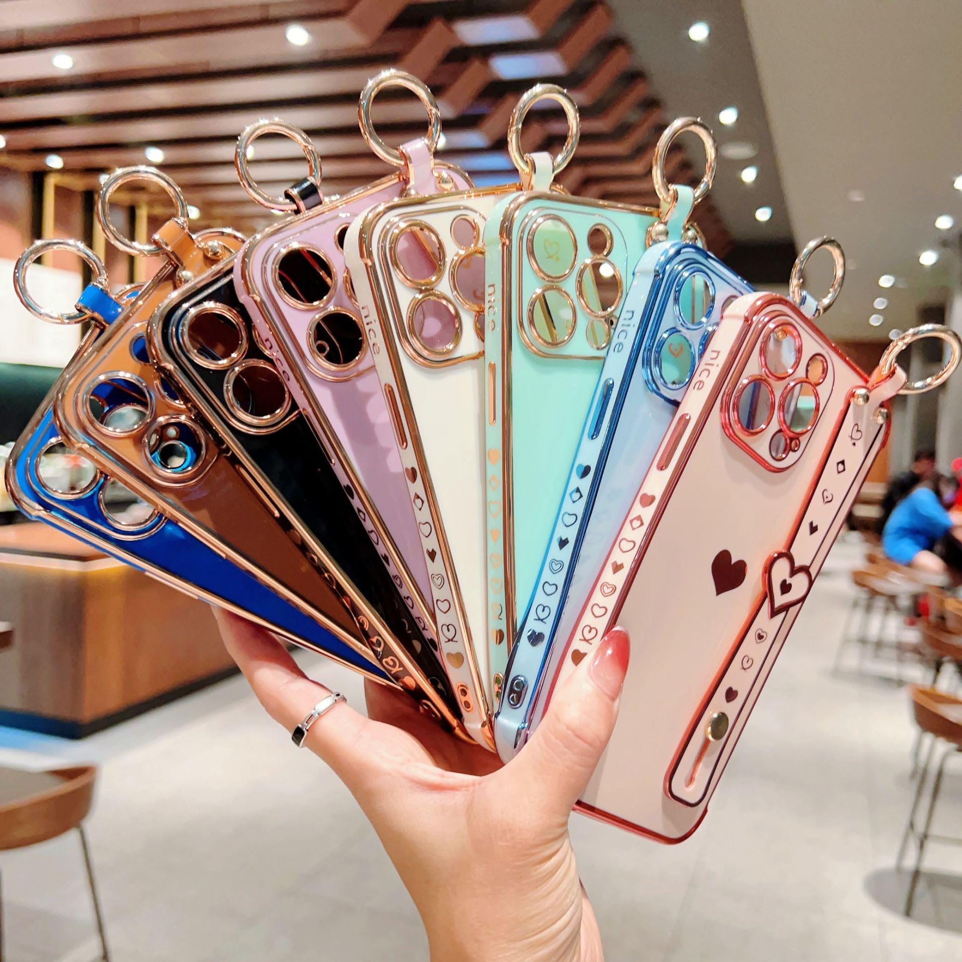 IDweel for iPhone 13 Pro Max Case with Adjustable Wristband Strap Kickstand Loop Heart Luxury Plating,Raised Corners Bumper Shockproof Slim Fit Durable Cover for Women Girls,Rose Gold