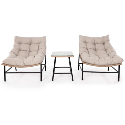 Idzo Caline Large Rattan Bistro Set Outdoor 3 Piece with Glass Side Table, Premium Olefin Thick Cushion, Upgraded 2000Hrs UV Resistant Wicker for Patio Use, Papasan Chair Design