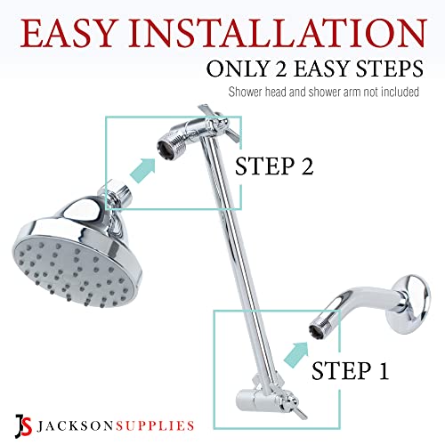 Shower Head Extension Arm by JS Jackson Supplies, Adjustable 10 Inch Showerhead Extender, Solid Brass Construction, Universal Tall Hi-lo Pipe Height Extending (Chrome Finish)