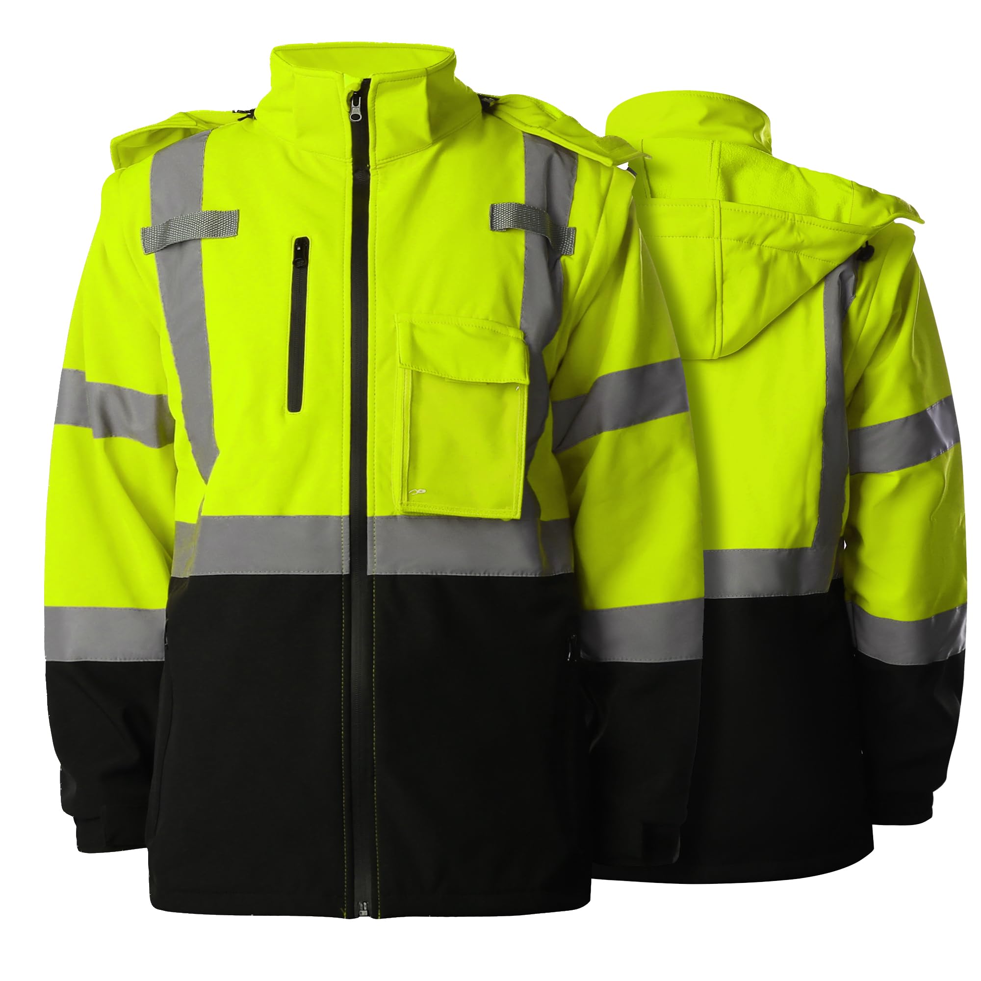 SHORFUNE High Visibility Softshell Waterproof Safety Jacket for Women, Class 3 Reflective Work Jackets with Pockets, Detachable Hood and Sleeves &Black Bottom, L, Yellow