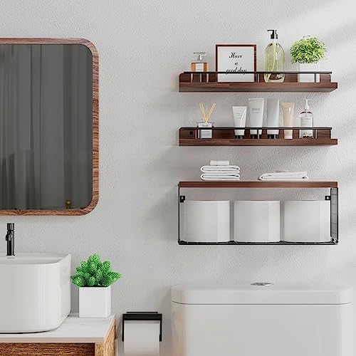 Xeapoms Floating Shelves with Wire Storage Basket, Wall Mounted Bathroom Shelves Over Toilet with Metal Guardrail, Rustic Wood Wall Shelf for Bathroom Decor,Bedroom,Living Room,Kitchen β Rustic Brown
