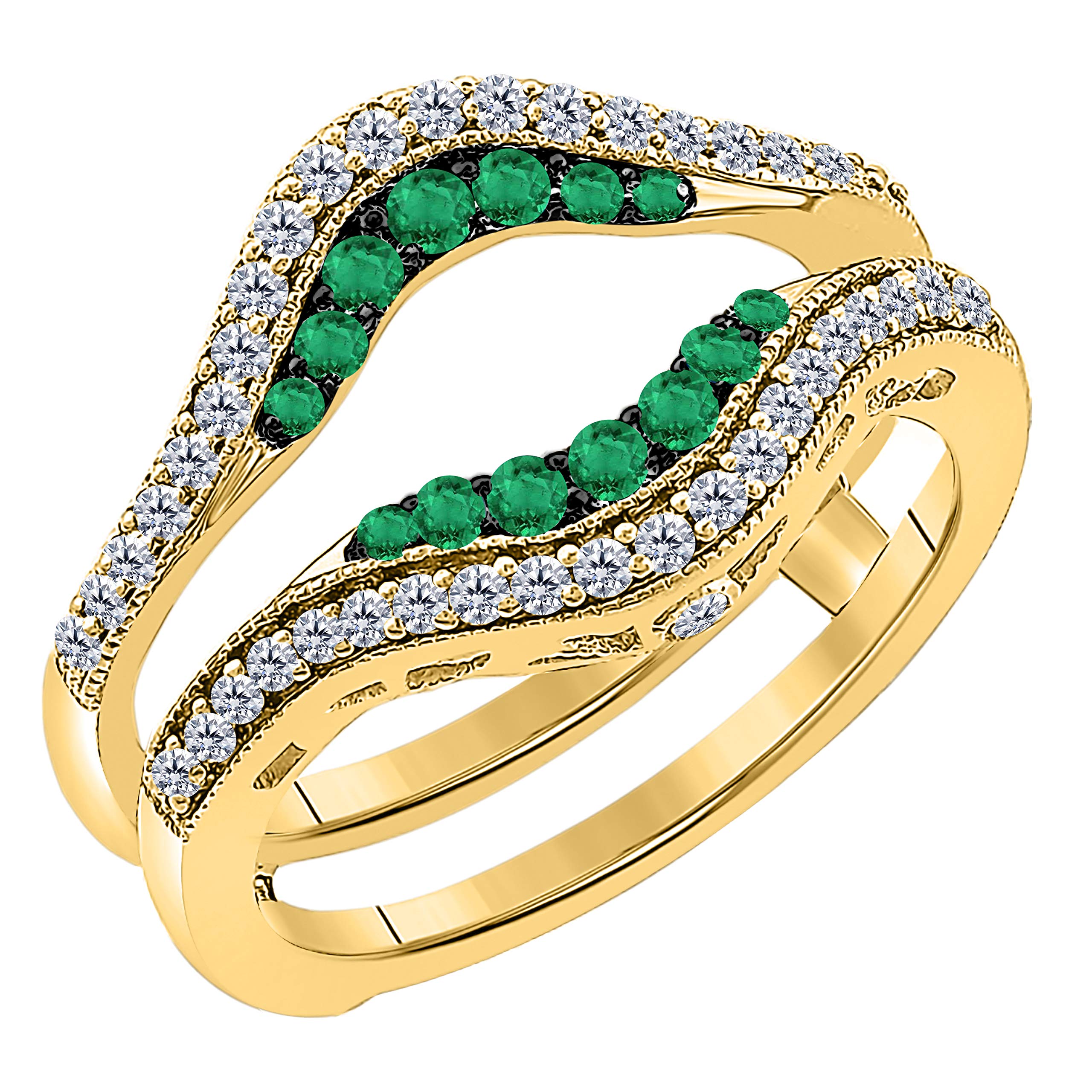 Jewelryhub 14k Yellow Gold Plated Sterling Silver Double Row Pave Set Classic Style Halo Engagement Wedding Enhancer Ring Guard with CZ Green Emerald