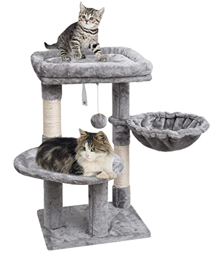 SYANDLVY Small Cat Tree for Indoor Cats, Modern Cat Tower with Scratching Post for Kittens, Climbing Stand with Basket & Hanging Ball for Play Rest