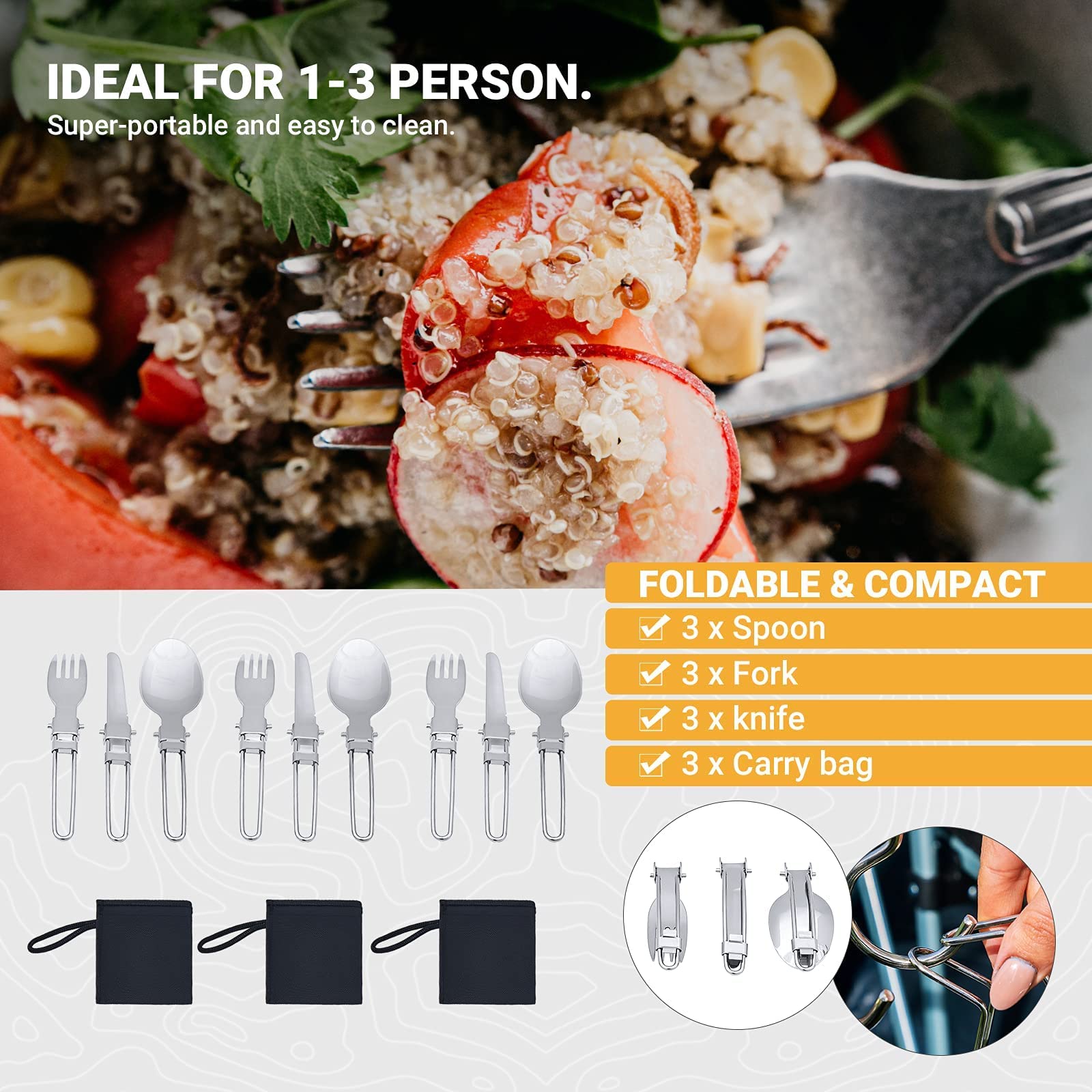 KingCamp 17 PCS Stainless Steel Camping Cookware Mess Kit Lightweight Compact Backpacking Cooking Set for Outdoor Picnic Hiking includes Pot Pan Bowls Plates Knife Spoon Fork 2 Persons