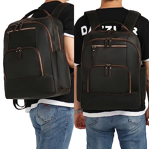 ZHYOL Men's Leather Backpack 17.3 Inch Laptop Backpack Genuine Leather Casual Travel Daypack Hiking Travel Bag Camping Rucksack