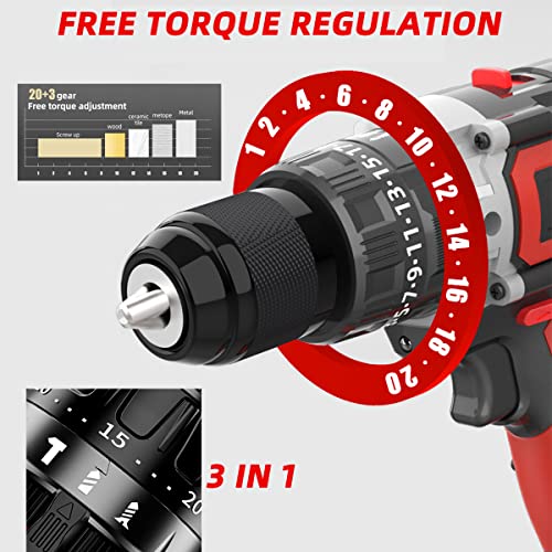 Power drill cordless,NAWIN 20V Impact drill,2x4.0Ah Battery and Fast Charger, 708ln-lbs Torque,Metal Keyless Chuck, Brushless Motor,2-Variable Speed