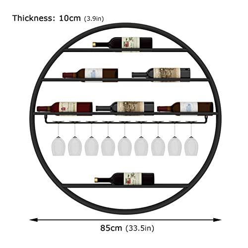 Wall-Mounted Wine Rack Round Wine Bottle Holder , with Hanging Goblet Glass Stemware Racks , Black Metal Iron Storage Shelf , Organizer Shelves for Bar Kitchen (Size : 85x10x85cm)