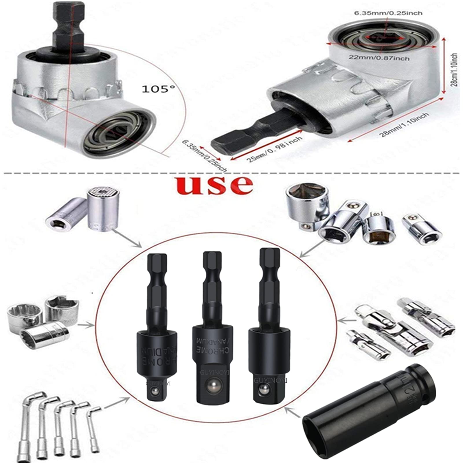 Power Hand Tools,Impact Driver Bit Set,360°Rotatable,3Pcs1/4"3/8"1/2"Hex Shank Set Power Drill Cordless Impact Sockets Bit Set Adapter,1/4Inch Hex Shank,to Drive for Adapters to Use with Drill Chucks