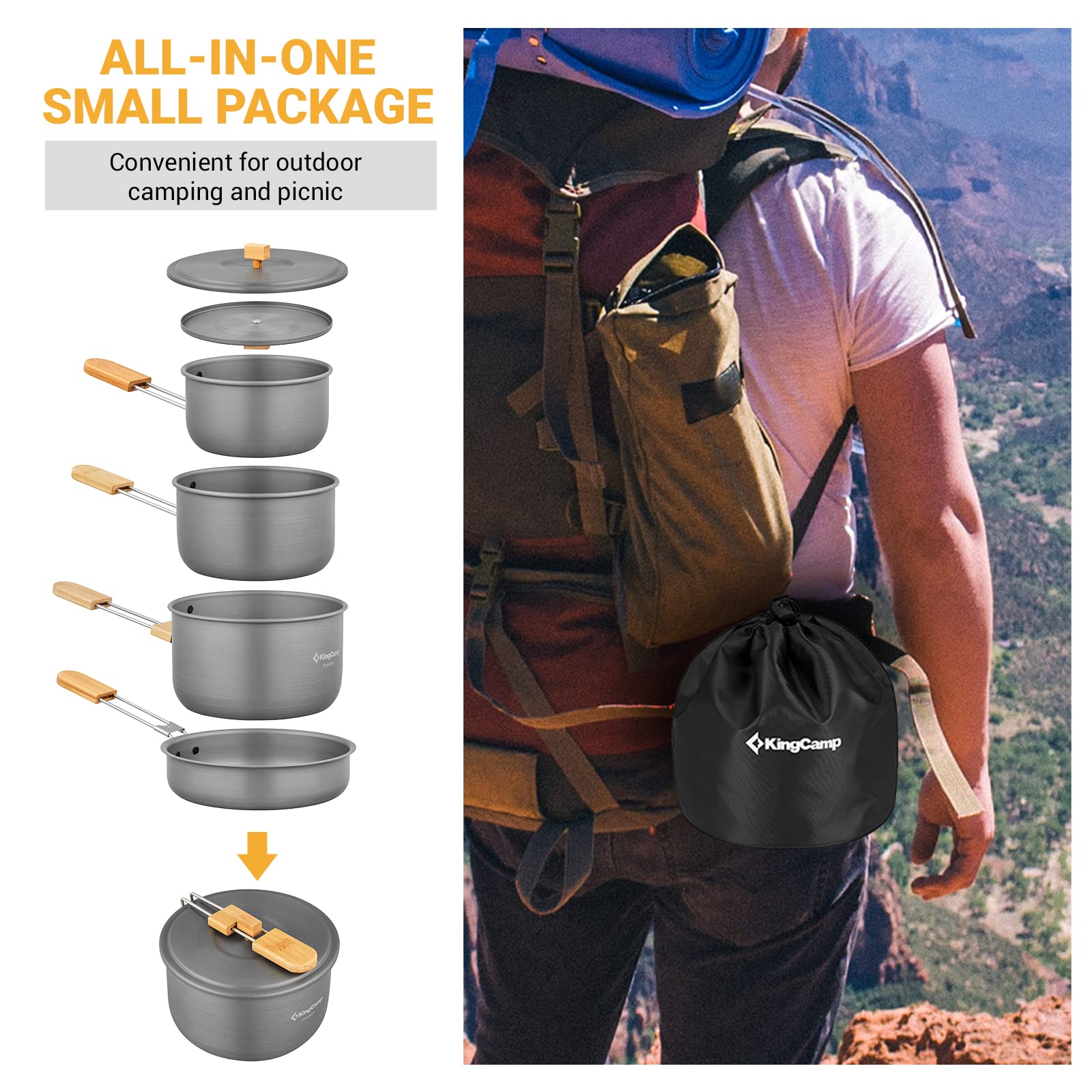 KingCamp 7pcs Camping Cookware Mess Kit Aluminum Folding Camping Pots and Pans Set with Bamboo Handle Lightweight Backpacking Cooking Set Outdoor Cook Gear for Family Hiking Picnic