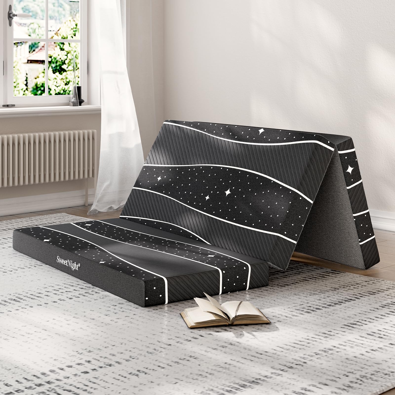 Sweetnight Tri-fold Mattress - 4 Inch Dual-layer Foam Folding Mattress | Removable & Washable 500G Superfine Fiber Cover | Suitable for Camping, RV & Home Use (Twin)