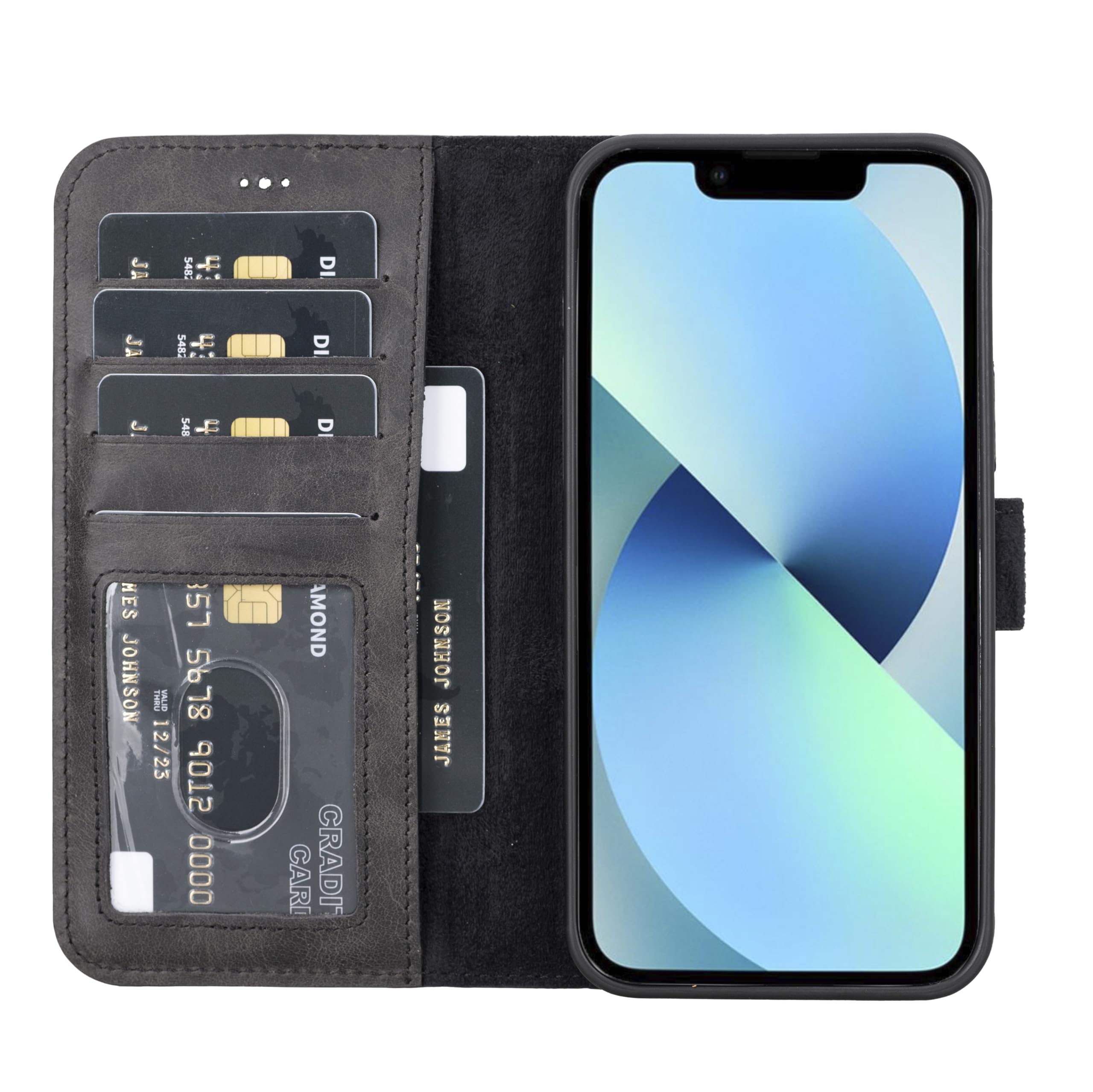 HARDISTON Genuine Leather Handmade Wallet Case Compatible with iPhone 14 Pro Max - MagSafe Compatible - Detachable Magnetic Flip Cover with Card Holders - Horizontal Kickstand (Amber)