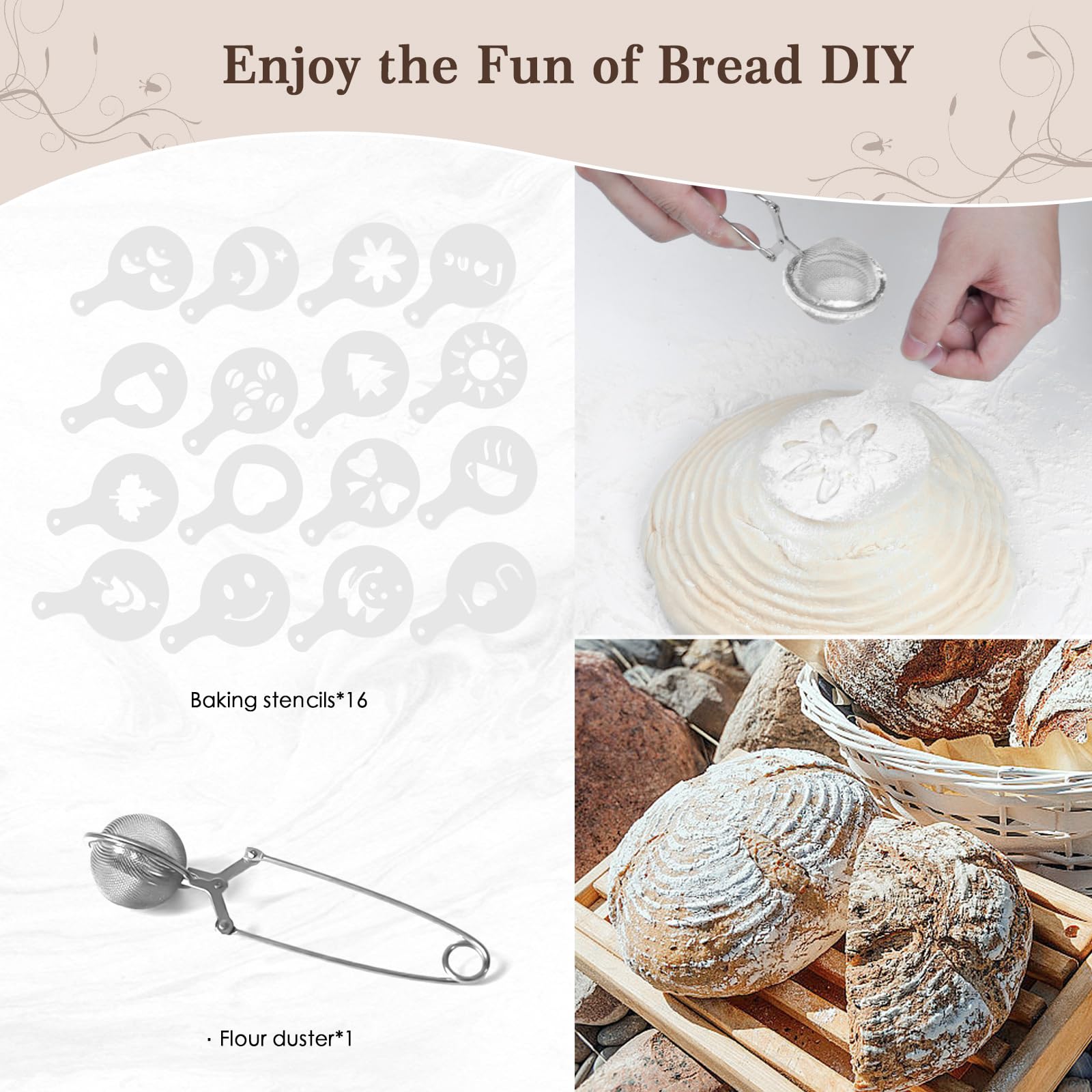 Sourdough Bread Baking Supplies, Bread Making Kit Including 9" Round & 10" Oval Cane Sourdough Baskets Danish Whisk, Bowl & Dough Scrapers, and Linen Liners, Making Baking Fermentation(13 pcs)…
