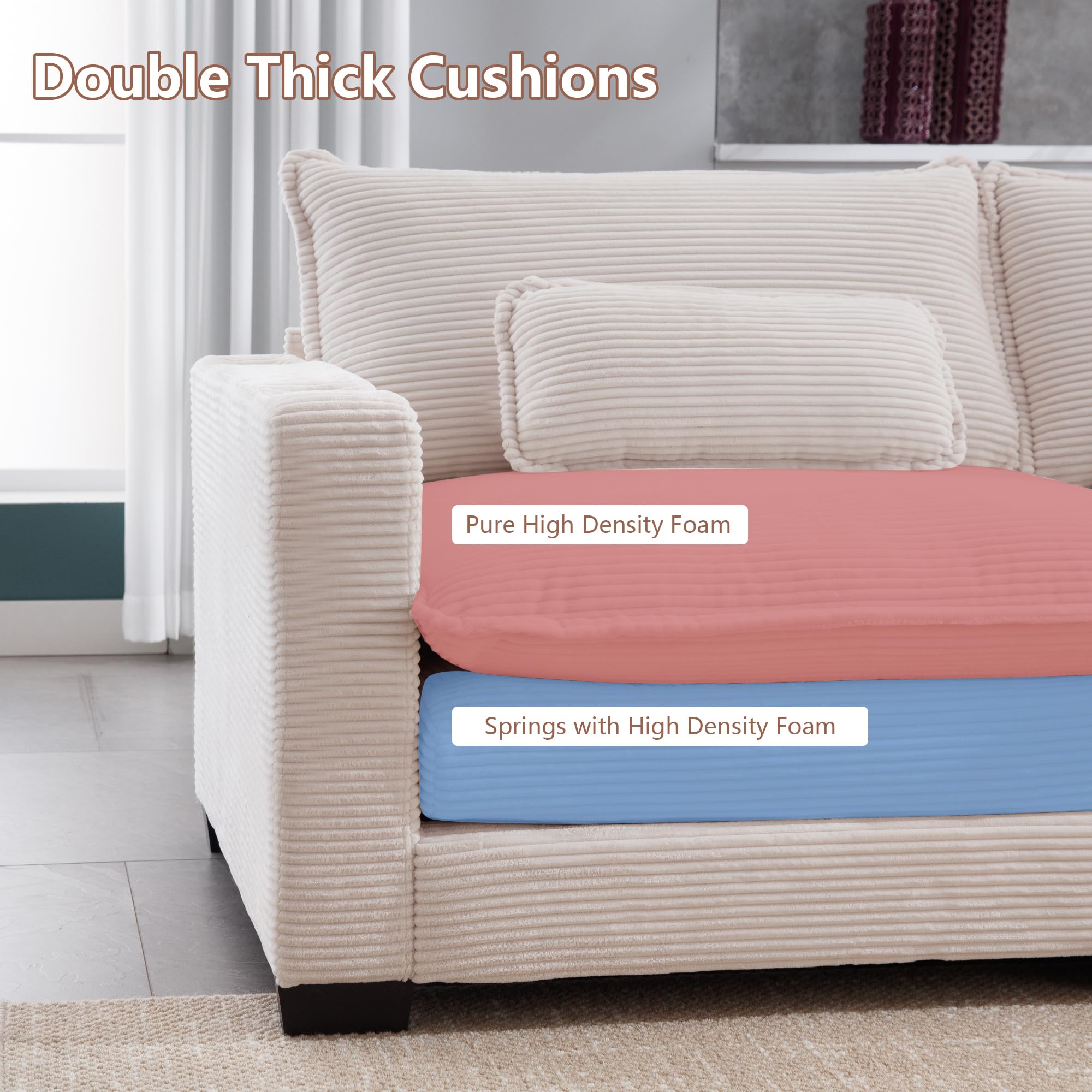 VEPXXP 117.7" Corduroy Sectional Couch, L-Shaped Sectional Sofa with Ottoman, 3 Seats Sofas with USB Cup Holders, Comfy Couches for Living Room, Apartment, Bedroom, Orange